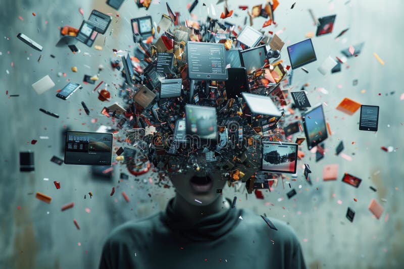 Digital Overload: Exploding Screens and Data Chaos Surrounding Human ...