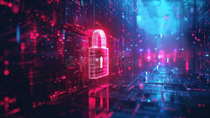 Digital Padlock in Abstract Neon Cyber Space, Dark Data Background ...