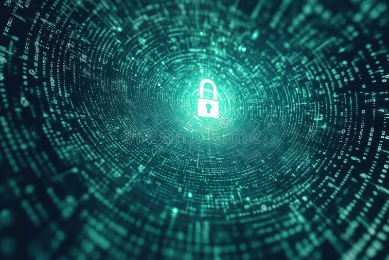 A Digital Padlock Surrounded by Flowing Binary Code Representing Data Protection and Encryption ...