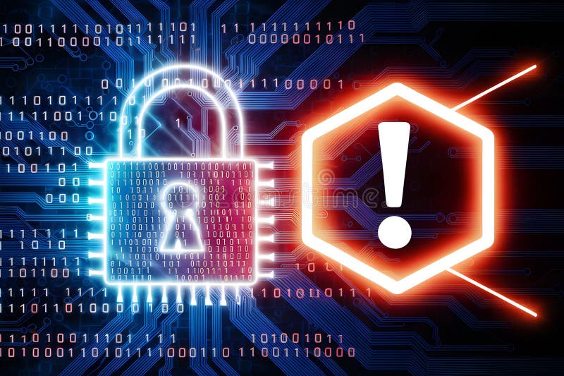 Digital Padlock on Circuit Board with Binary Code and Alert Hexagon ...