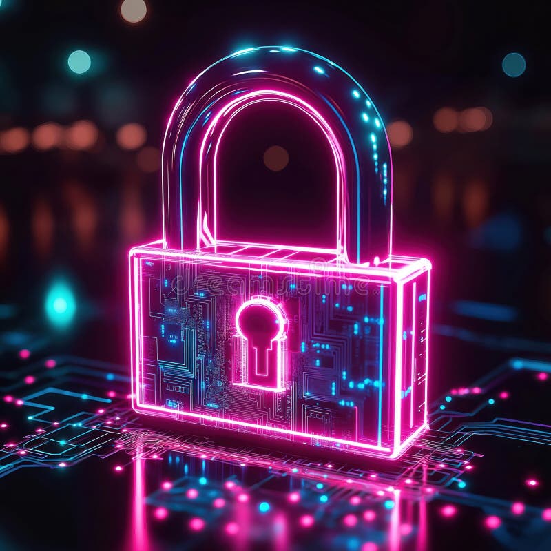 Digital Padlock with Circuit Board Design. Neon Pink, Blue Lights ...