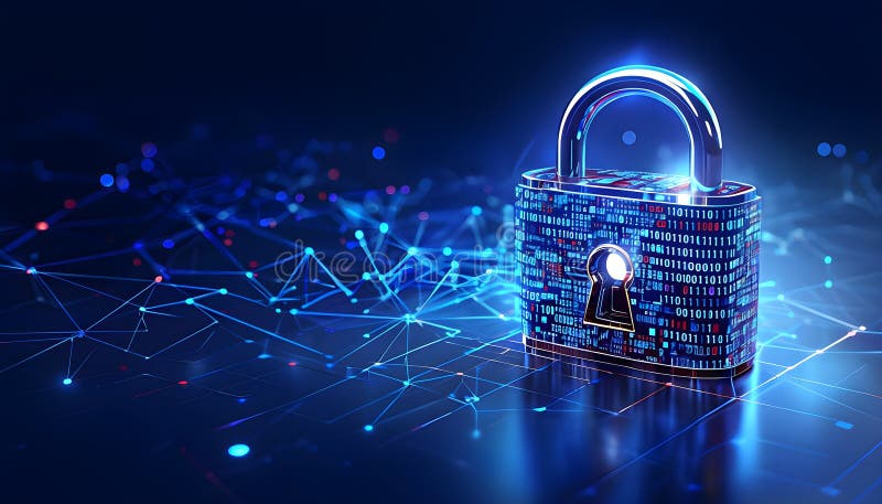 Digital Padlock with Code Pattern on Blue Network Background ...
