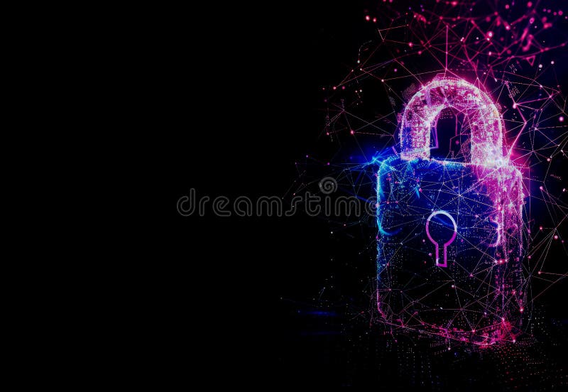 A Digital Padlock Composed of Glowing Dots and Lines on a Dark Blue ...