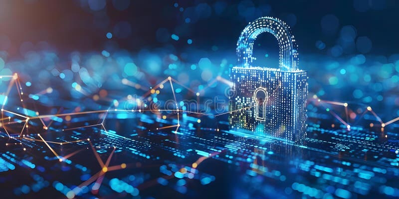 Digital Padlock: Conceptual Cybersecurity Image on Blue Abstract Background with Binary Code ...