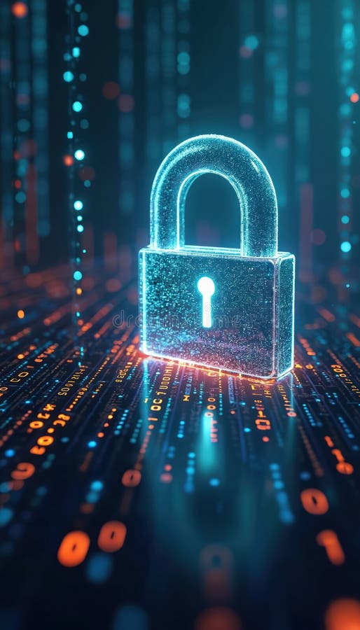 Digital Padlock Formed by Binary Code Cybersecurity. Futuristic Tech Landscape with Glowing ...