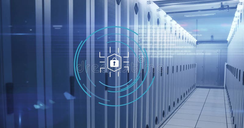 Digital Padlock Icon Being Animated in Data Center Corridor with Raised ...