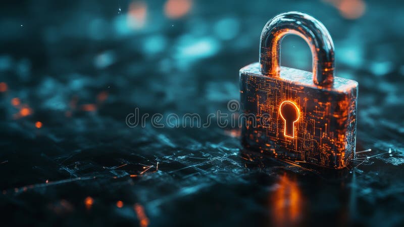 Digital Padlock with Integrated Circuits on a Dark, Futuristic Background Symbolizing ...