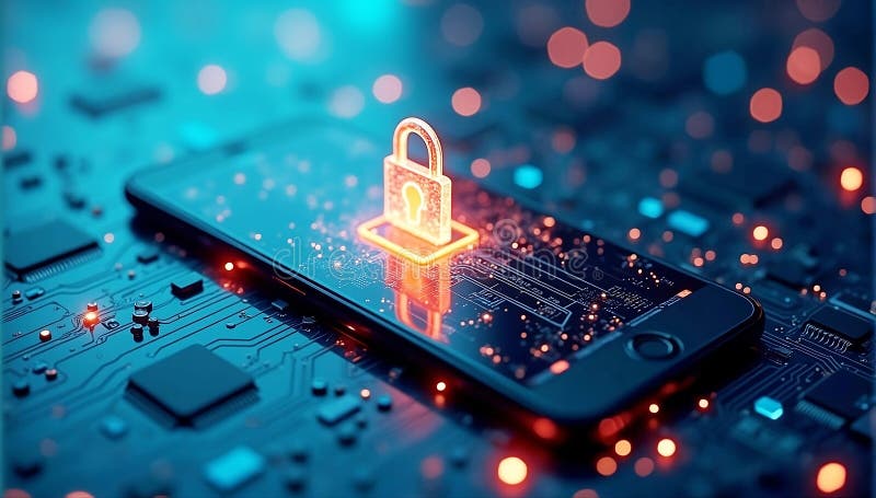 Digital Padlock for Mobile Cyber Security on Dark Blue Background ...