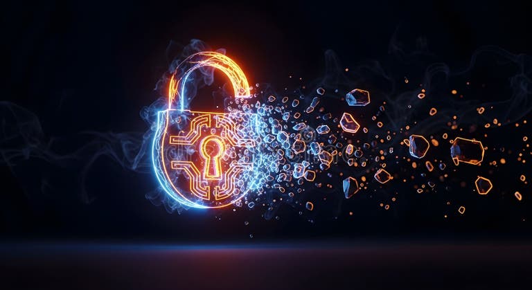 Digital Padlock Shattering into Glowing Particles and Abstract Data ...