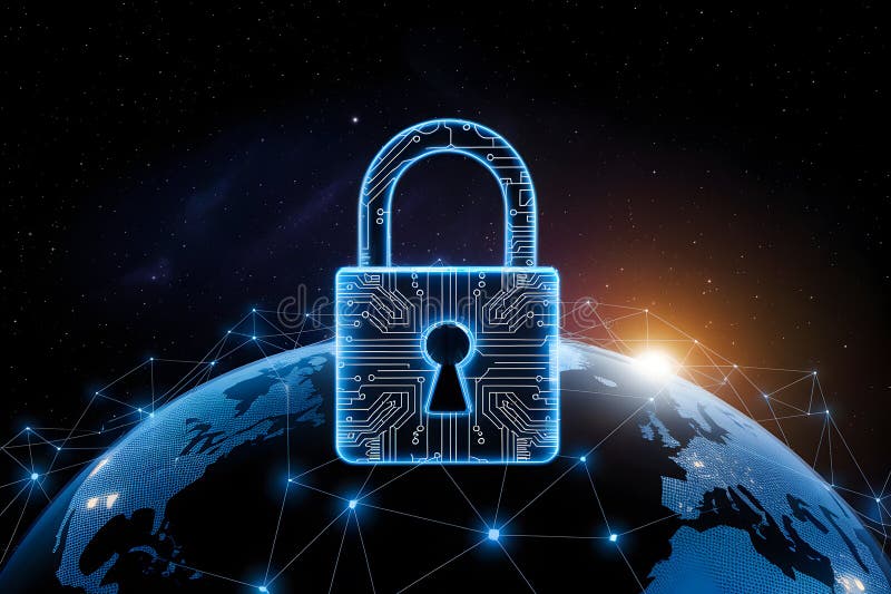 Padlock Over Globe in Space, Symbolizing Digital Security with Circuit ...
