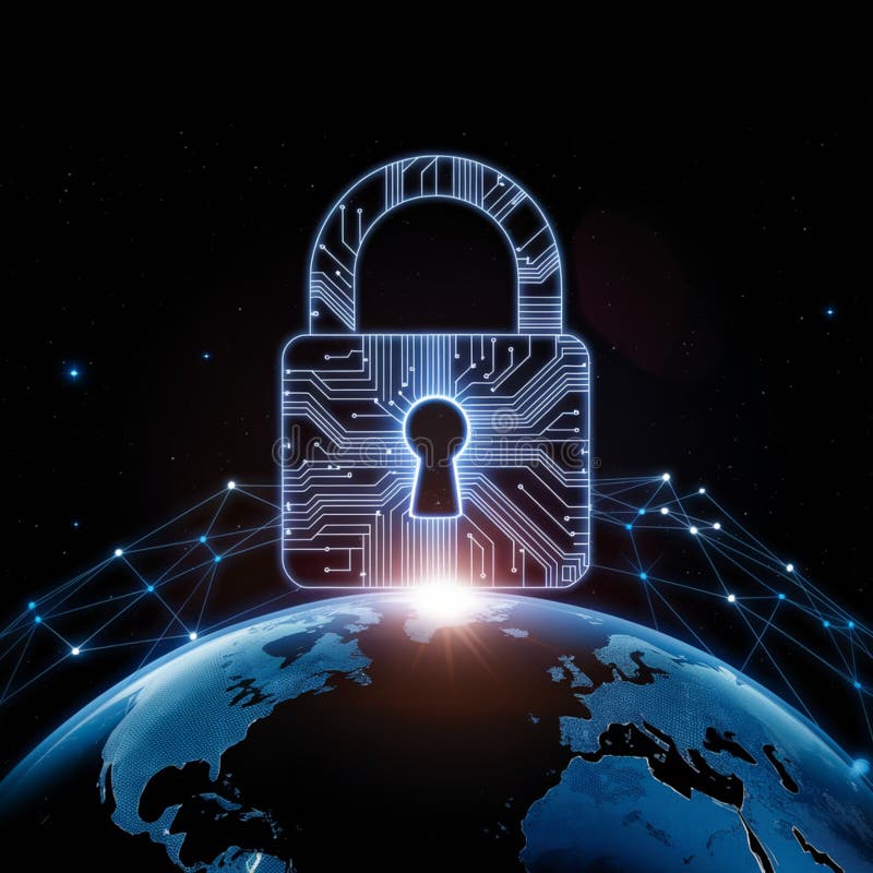 Padlock Over Globe in Space, Symbolizing Digital Security with Circuit ...