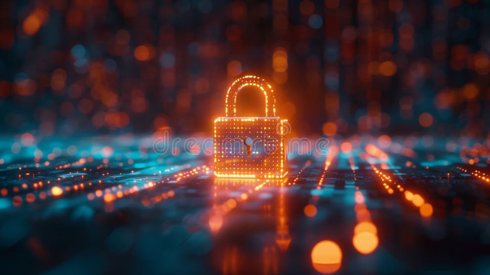 A Digital Padlock Surrounded by Glowing Lights Stock Illustration ...