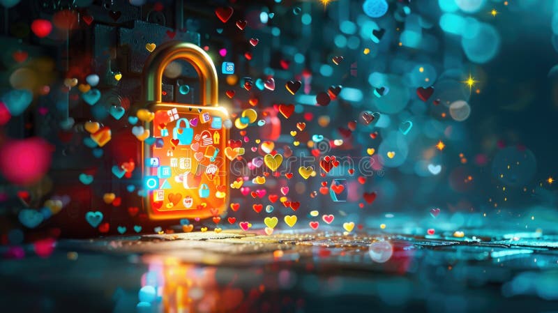 Digital Padlock Unlocks, Releasing Joyful Icons on a Computer Desktop ...