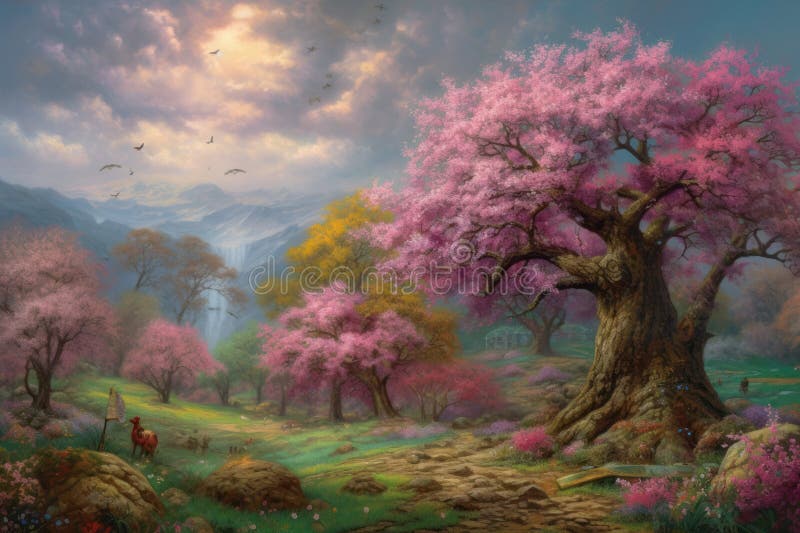 Digital Painting of a Beautiful Spring Landscape with a Large Tree in ...