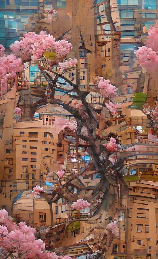 Digital Painting of City in Giant Sakura Tree, Illustration Stock ...