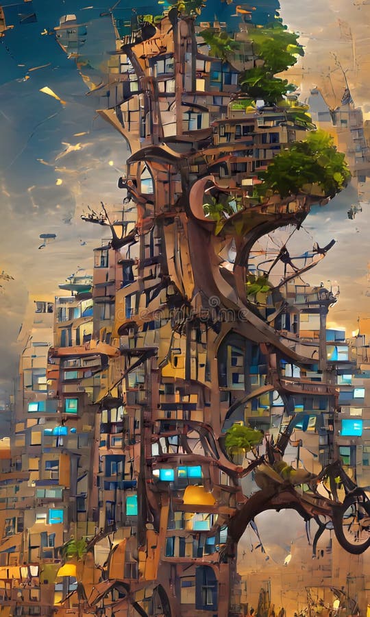 Digital Painting of City in Giant Tree, Illustration Stock Photo ...