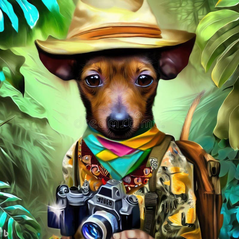 Digital Painting of a Dachshund Dog in a Hat with a Camera in Jungle ...