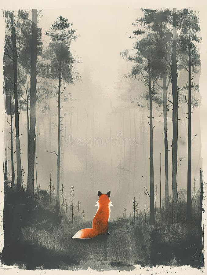 Digital Painting of Dark Forest with Lone Fox Stock Illustration ...