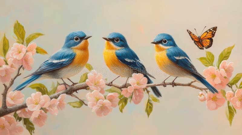 This Digital Painting Depicts Three Birds Perched on a Branch of a Tree ...