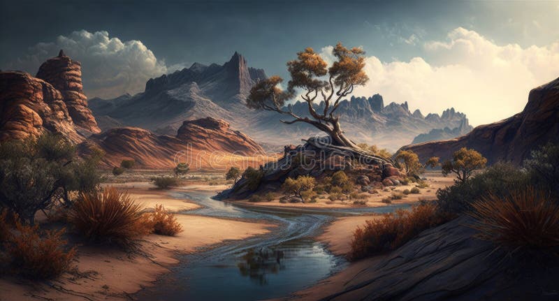 Digital Painting of a Desert Landscape with a Tree in the Foreground ...