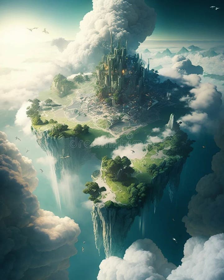 A Digital Painting of a Fantasy Island with a Castle on it. Stock ...