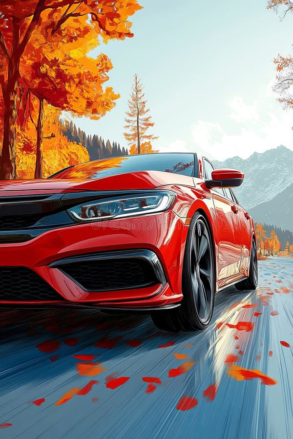 Red Sedan Front View: Digital Painting on Blue Stock Illustration ...