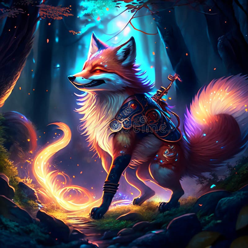 Digital Painting of a Fox in a Fantasy Forest. 3d Rendering AI ...