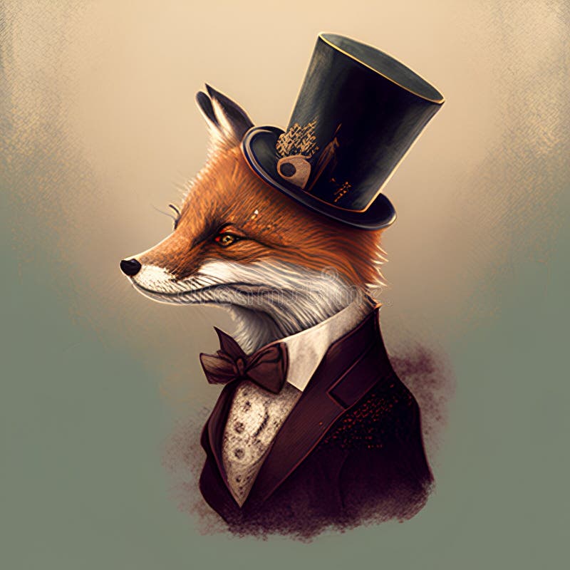 Digital Painting of a Fox Wearing a Top Hat and Bow Tie. Stock ...
