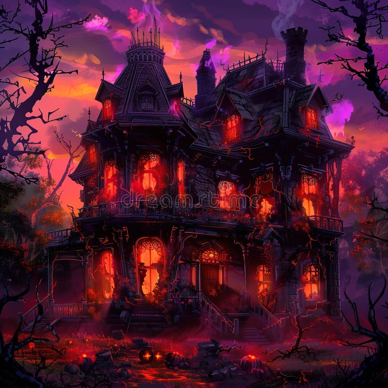 Digital Painting of a Haunted Mansion with Glowing Windows for ...