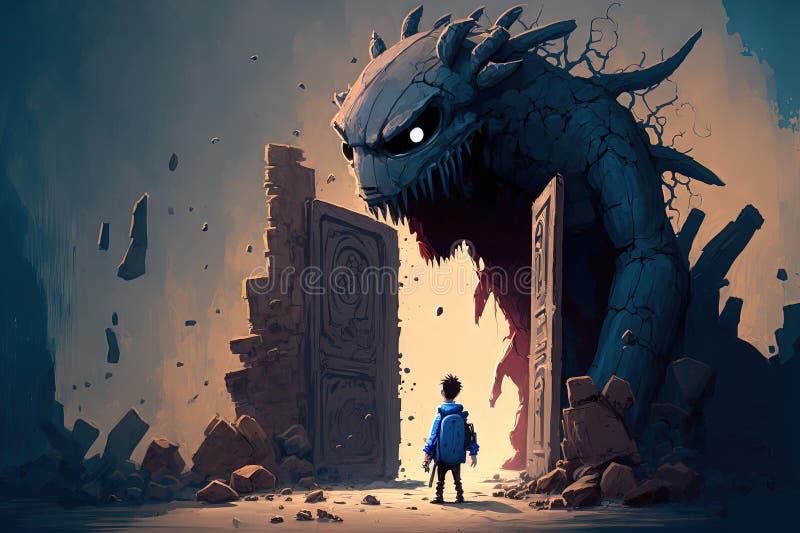 Digital Painting of a Human Fighting a Creature from the Ruins Stock ...