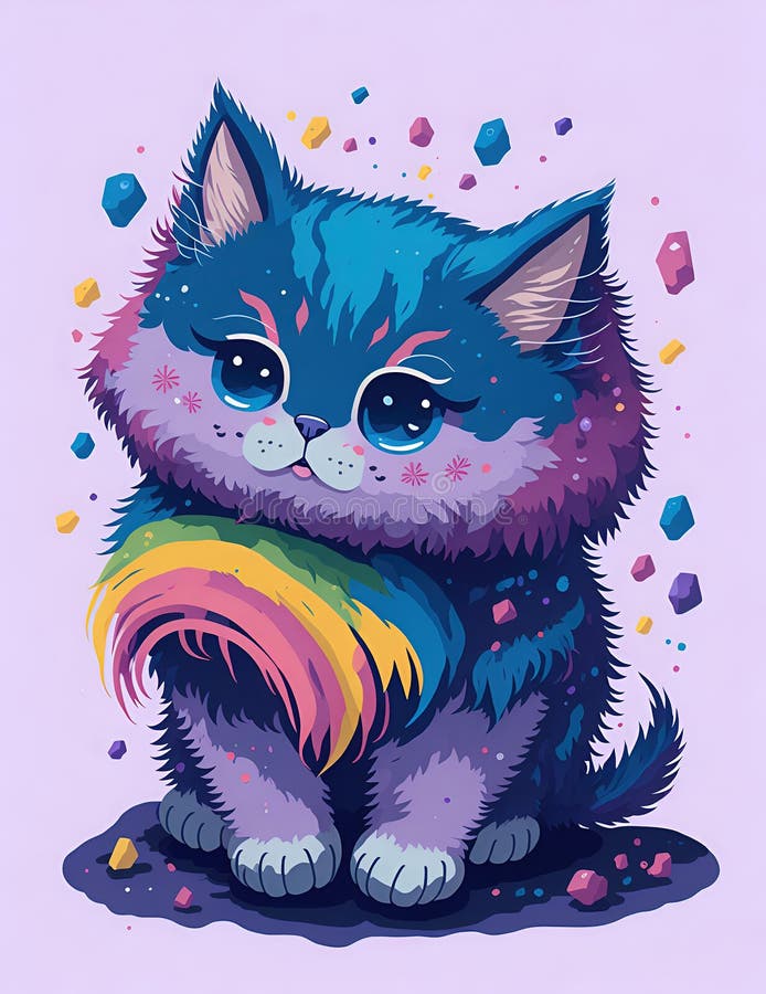 A Fluffy Kitten Surrounded by Colorful Rainbow Splashes of Color, a ... A Fluffy Kitten Surrounded by Colorful Rainbow Splashes of Color, a ...