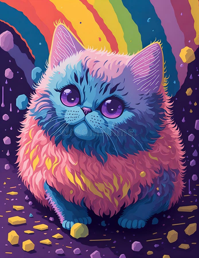 A Fluffy Kitten Surrounded by Colorful Rainbow Splashes of Color, a ... A Fluffy Kitten Surrounded by Colorful Rainbow Splashes of Color, a ...