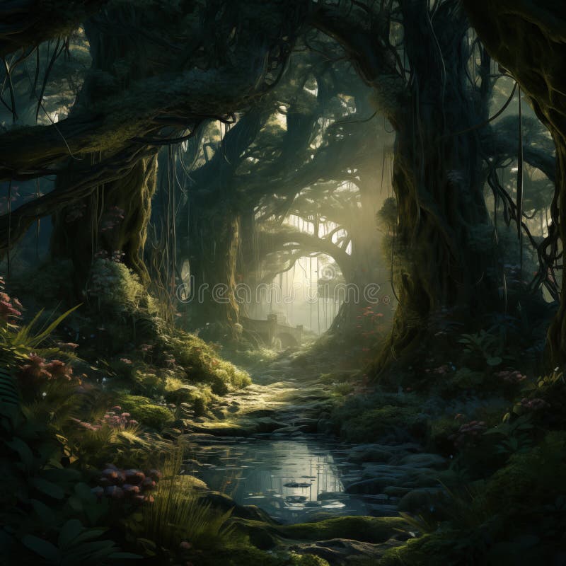 Digital Painting Image of a Deep, Rich Forest Stock Illustration ...