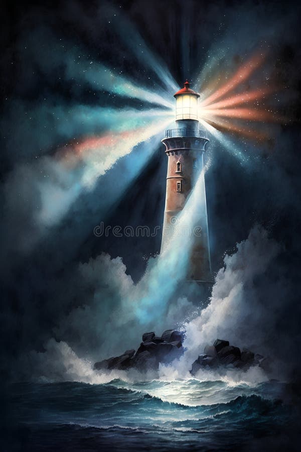 Digital Painting of a Lighthouse in the Sea with Light Rays and Smoke ...