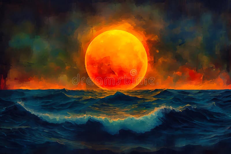 Digital Painting of the Moon Over the Ocean Stock Illustration ...