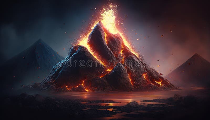A Digital Painting of a Mountain with Fire Coming Out of it Stock ...