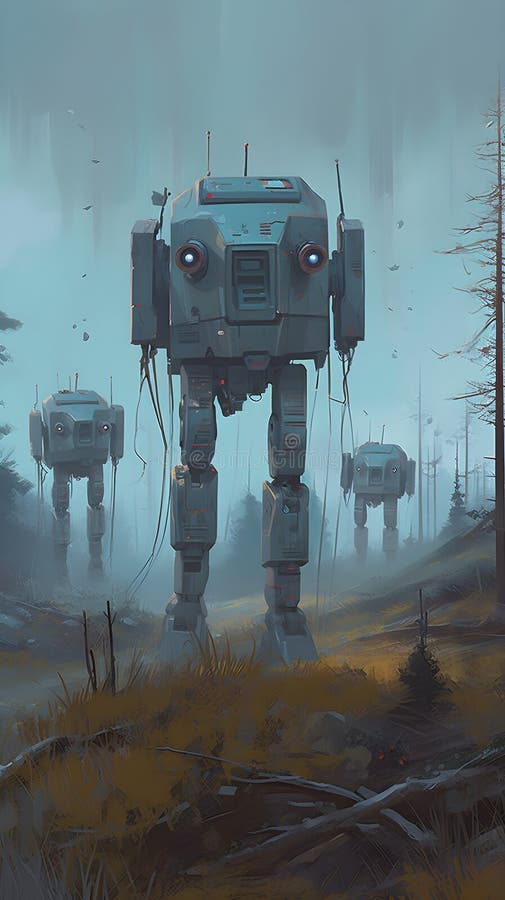 Digital Painting of Old Rusty Robots in a Foggy Field Stock ...