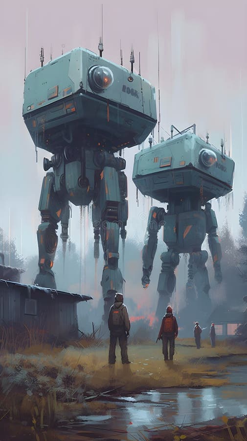 Digital Painting of Old Rusty Robots in a Foggy Field Stock ...