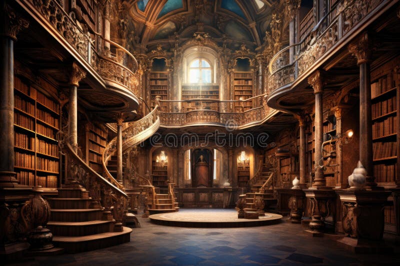 Digital Painting of an Old Tree in the Interior of a Public Library, a ...