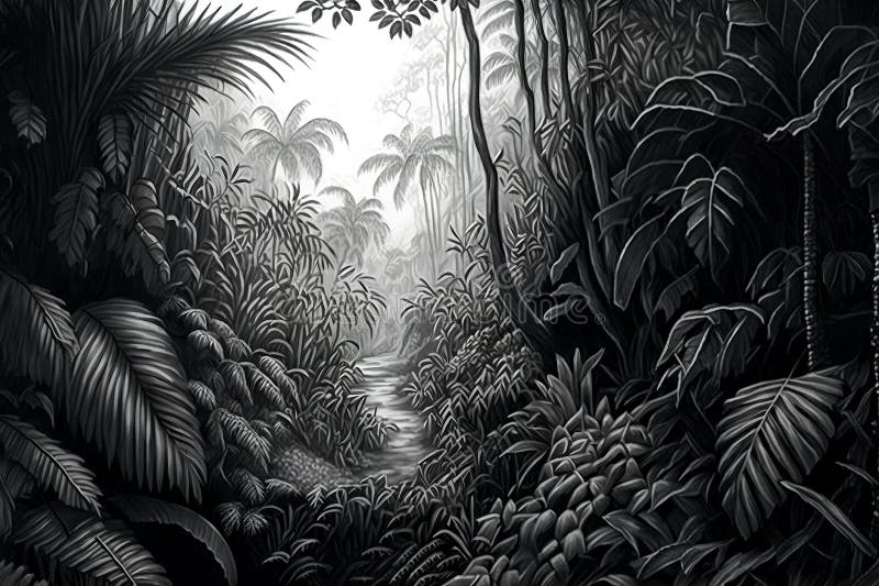 Digital Painting of a Path in the Jungle, Black and White Illustration ...