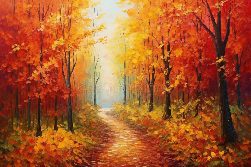 Digital Painting of a Pathway in the Autumn Forest, Autumn Landscape ...