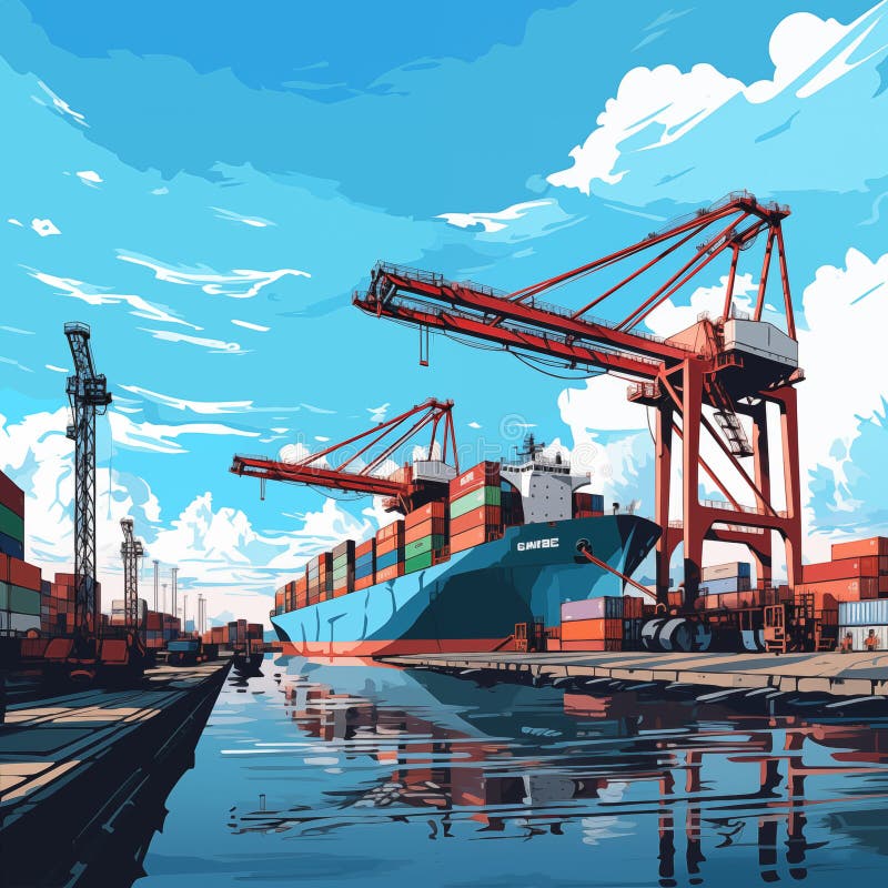 Digital Painting of Ports and Water Transportation, Logistics Stock ...