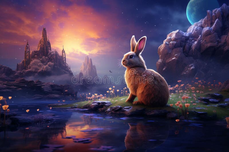 Digital Painting of a Rabbit Amidst a Stock Illustration - Illustration ...