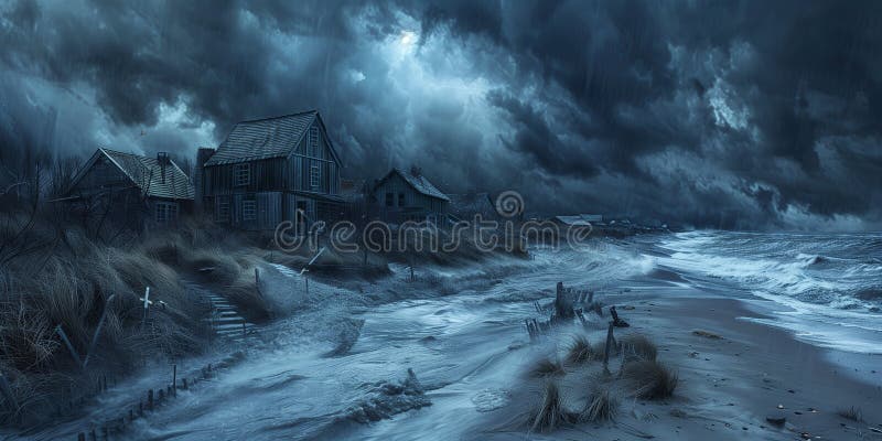 Digital Painting of a Row of Seaside Home Village Buffeted by Harsh ...