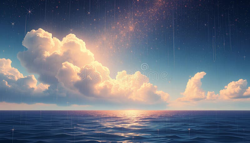 Digital Painting of Stardust Raining Gently from Glowing Clouds Over a ...