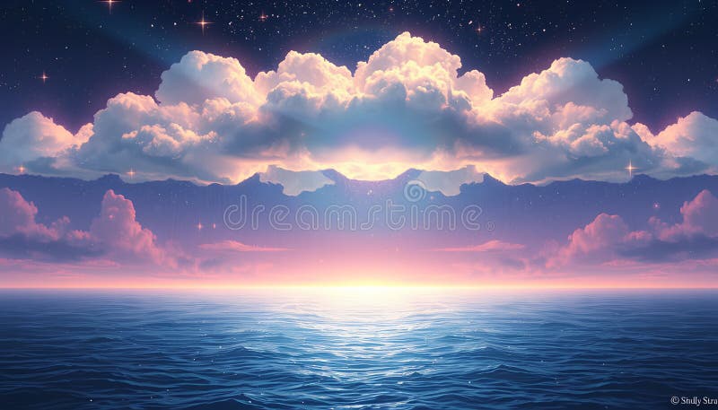 Digital Painting of Stardust Raining Gently from Glowing Clouds Over a Quiet Ocean 2 Stock ...