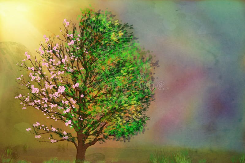 Digital Painting of a Tree Showing the Transition between Spring and ...