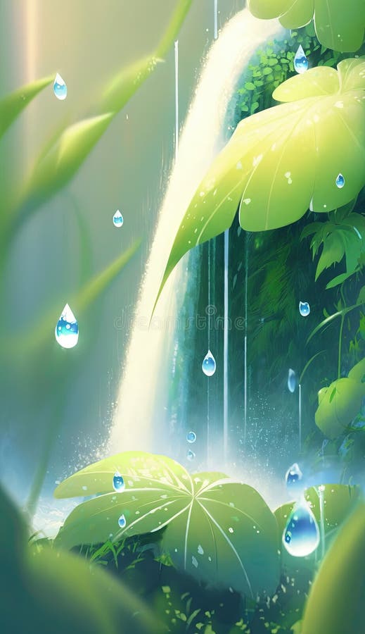 A Digital Painting of a Waterfall with Raindrops and Plants. Stock ...