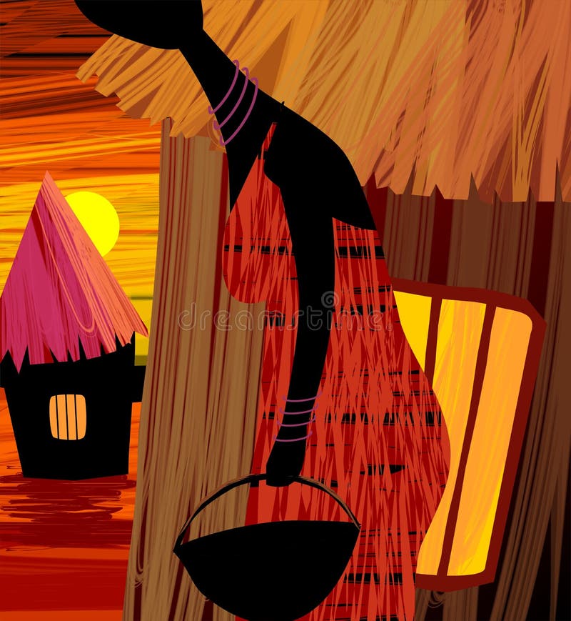 Digital Painting of Women Near the Hut Stock Illustration ...