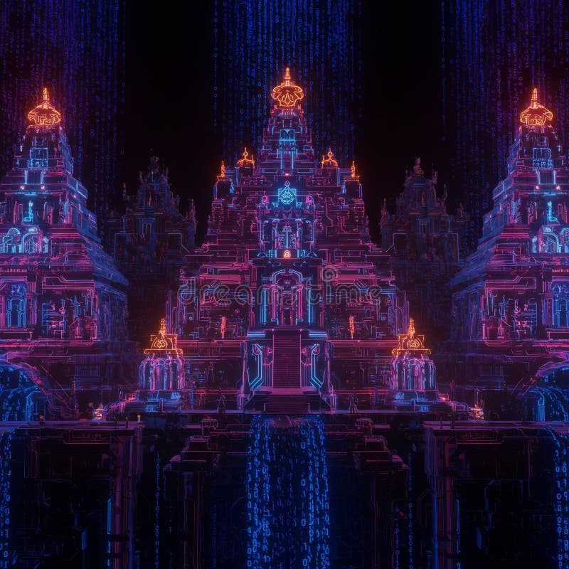 Digital Palace: Neon Lights and Pixelated Architecture Stock ...